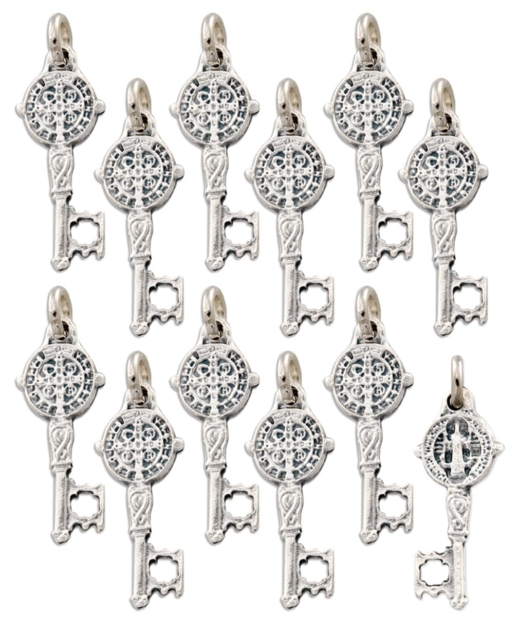 Catholica Shop Lot of 12 Silver Tone Saint St. Benedict Key of Heaven Medal Pendant Charm - 0.31" W x 0.94" L