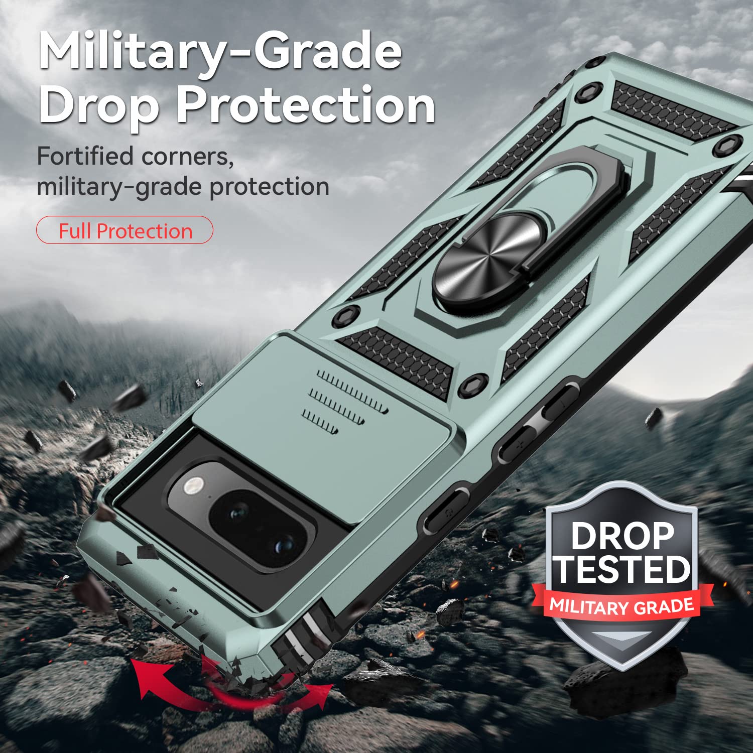 Compatible with Google Pixel 7 Case with HD Screen Protector [2 Packs] and Slide Camera Protection Cover,Military Grade Shockproof Heavy Duty Protective Phone Case for Google 7 2022 Green