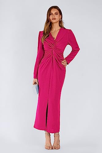 PRETTYGARDEN Women's Fall Fashion 2023 Long Puff Sleeve Maxi Dresses V Neck Twist Front Formal Dress with Slit (Rose Red,Medium)