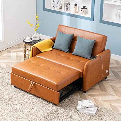 Gynsseh Sleeper Loveseat Pull Out Bed, 3-in-1 Convertible Sleeper Sofa Bed with Dual USB Ports, Faux Leather Adjustable Pull Out Loveseat Sleeper for Living Room Bedroom S2-brown