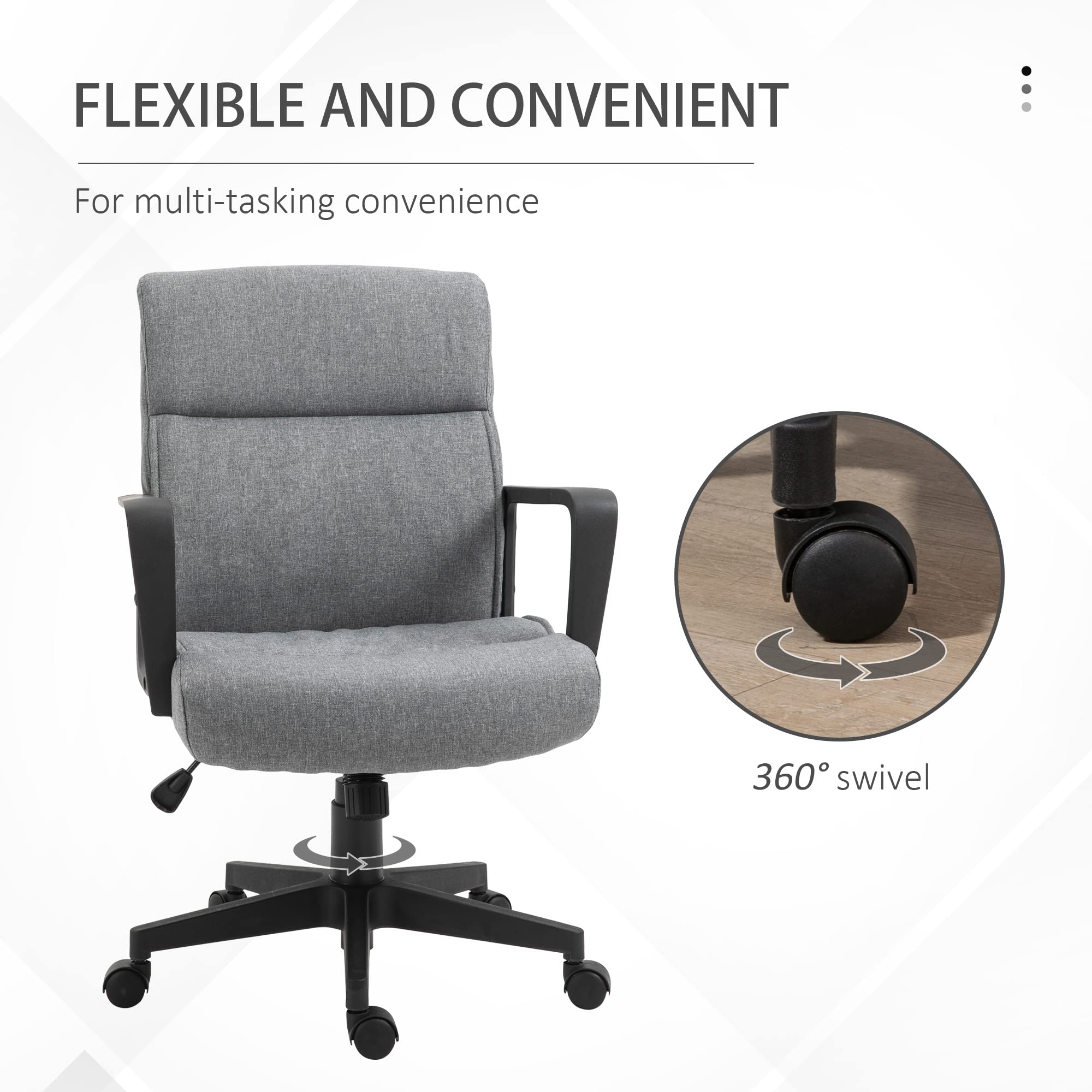 Vinsetto Mid Back Home Office Chair Height Adjustable Linen Fabric Desk Task Chair with Ergonomic Line Wide Seat, Thick Padding, and Armrest