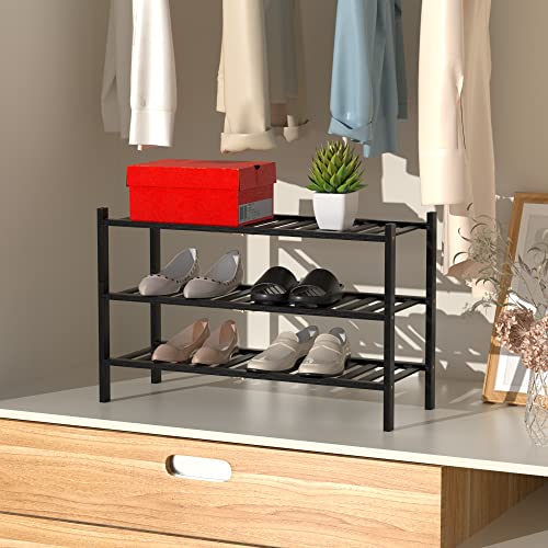 RONGJIA 3-Tier Natural Bamboo Shoe Rack - Stackable Storage Shelf with Multi-Function Combinations - Free Standing Shoe Racks for Convenient Shoe Organization(Black) 11" D x 27" W x 20" H