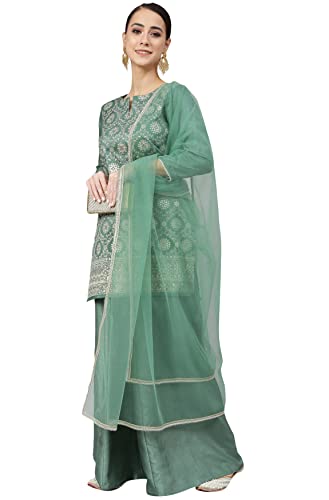 Janasya Indian Women's Mint Green Chinon Foil Print Kurta with Flared Palazzo and Dupatta(SET530-KR-PP-A-XXL)