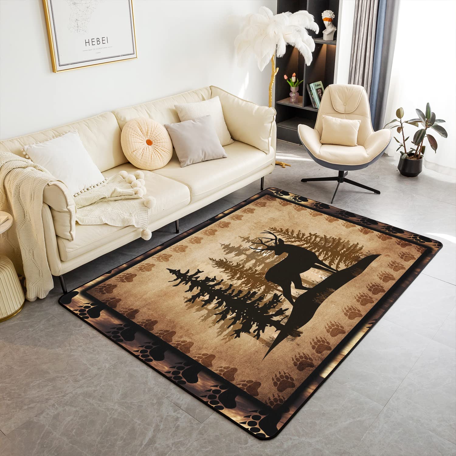 jejeloiu Cute Deer Area Rug 3x5 Girls Boys Kids Deer Hunting Decorative Carpet Room Bear Paw Print Tree Pattern Rugs for Living Room Bedroom Exotic Style Brown Accent Rug