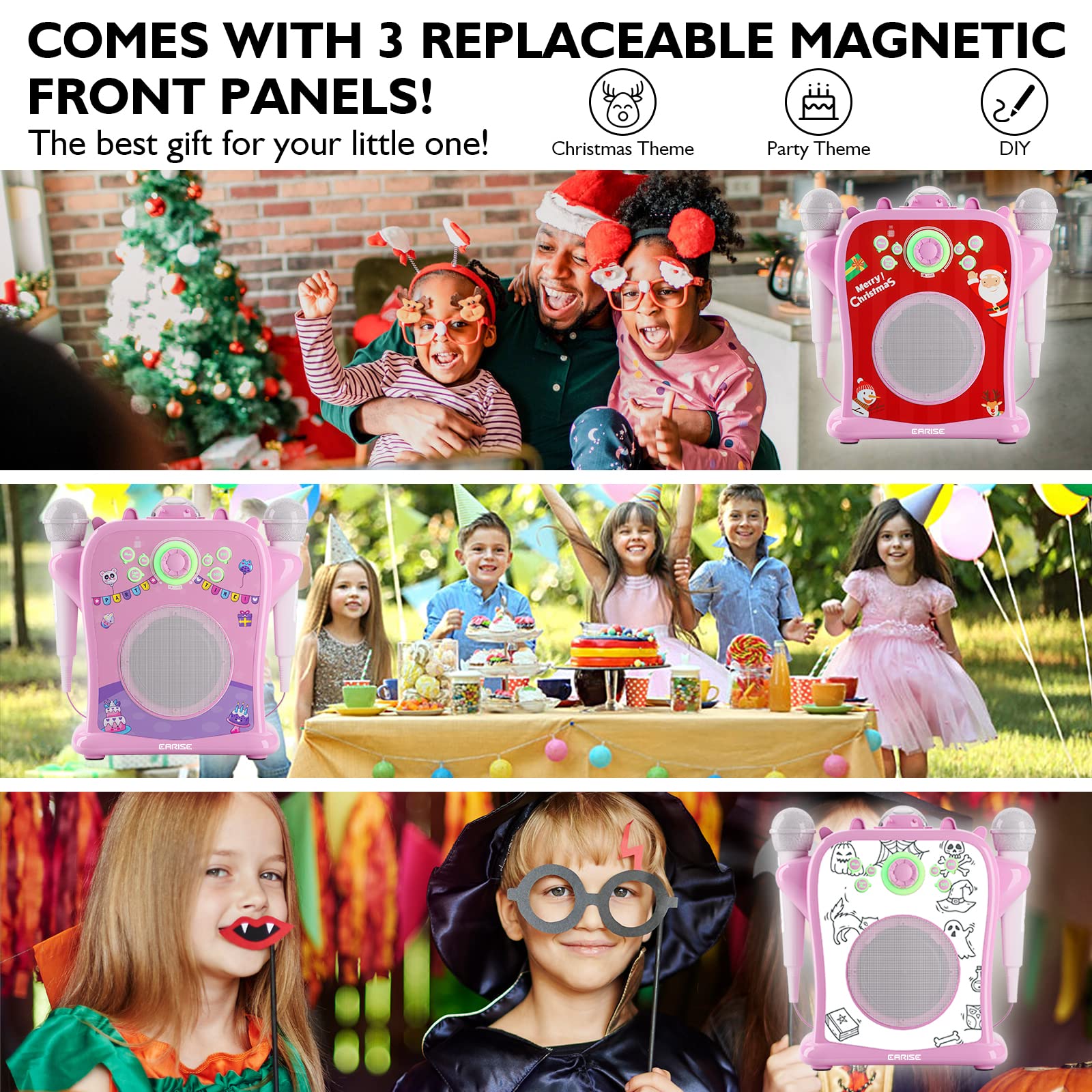 EARISE T29 Pro Karaoke Machine for Kids Girls with 2 Microphones, Singing Machine with 3 Interchangeable Theme Panels, LED Disco Lights, 12 EQ Effects, Birthday