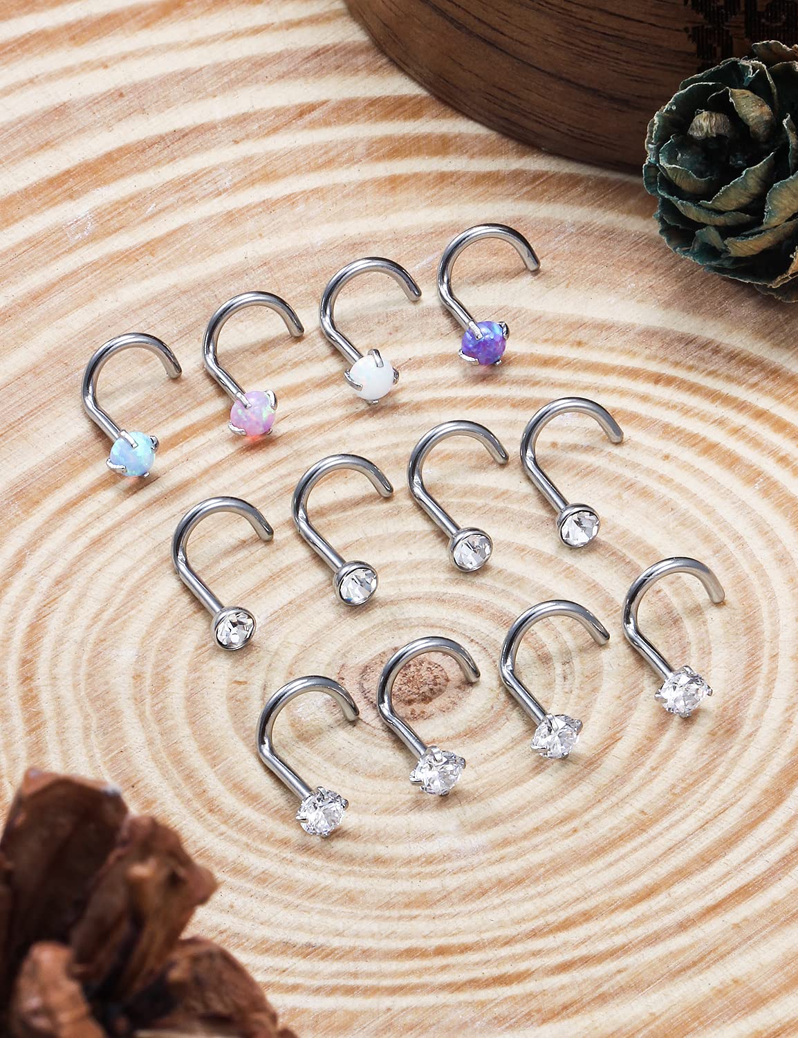 Cisyozi 22G Nose Rings Stud Piercing Jewelry Women Stainless Surgical Steel Nose Stud Silver Screw Twist Spiral Corkscrew Nose Nostril Ring Stud Hook Set Piercing Jewelry Women Men 1.5mm Diamond Opal