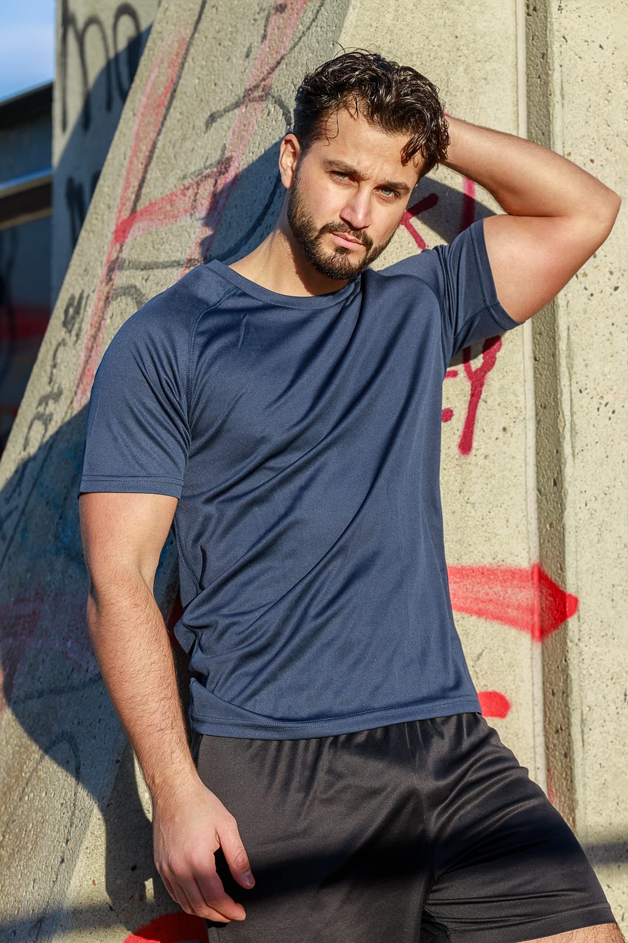 Cimic Workout Shirts for Men, 3 Pack Mens Crew Neck Casual Gym Shirts Short Sleeve Plain Athletic Moisture Wicking Dry Fit Active T-Shirts-Navy (Medium, 590-Black Grey Navy)