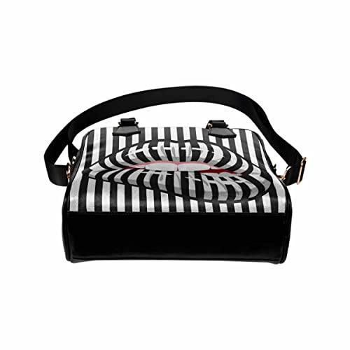 D-Story Lips Black And White Striped Handbags for women Textured Leather Shoulder Bag Purse Handbag with Zipper