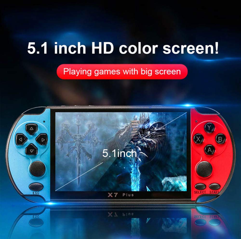X7 PLUS Handheld Game Console 5.1-inch Dual Joystick Game Console 8GB Built-in 1000 Games Support 32/64/128-bit Video Game Console ( Blue+Red)