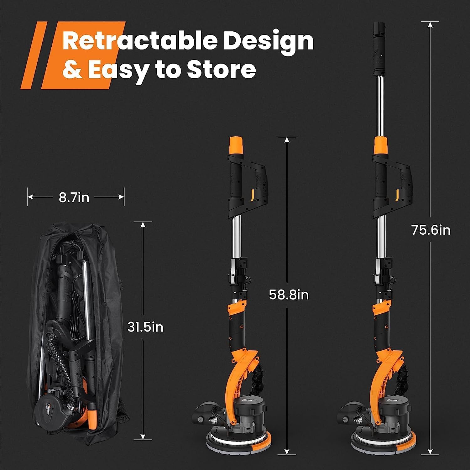 GoGonova Drywall Sander, 950W 7.9A Electric Drywall Sander with Vacuum, Auto Dust Extraction, 6 Variable Speed 500-1900RPM, Foldable Wall Sander with LED Light, 16pcs Sandpaper, Extendable Handle