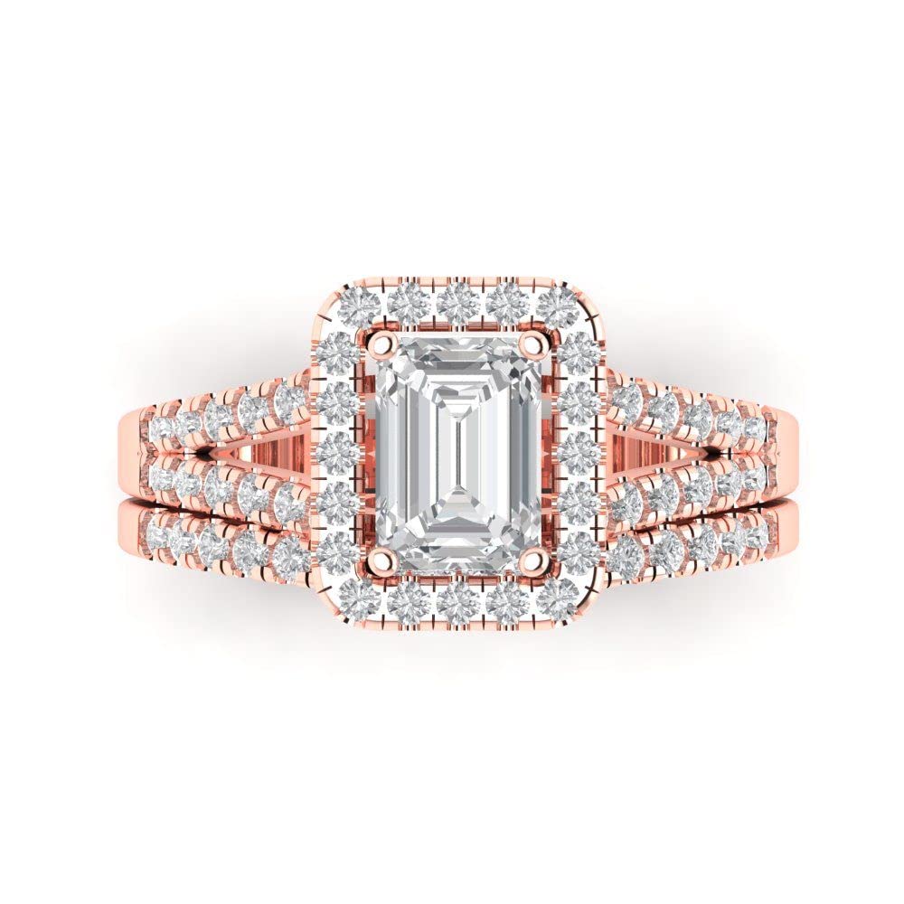 Clara Pucci 1.57 ct Emerald Cut Clear Simulated Diamond 14k Rose Gold Halo Solitaire W/Accents Wedding Engagement Promise Ring size 8