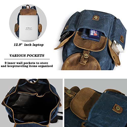 Handadsume Water Resistant Canvas + Leather Large Travel Back-pack Rucksack Knapsack Laptop Bag For Men FB1170 (X-9950-Blue)