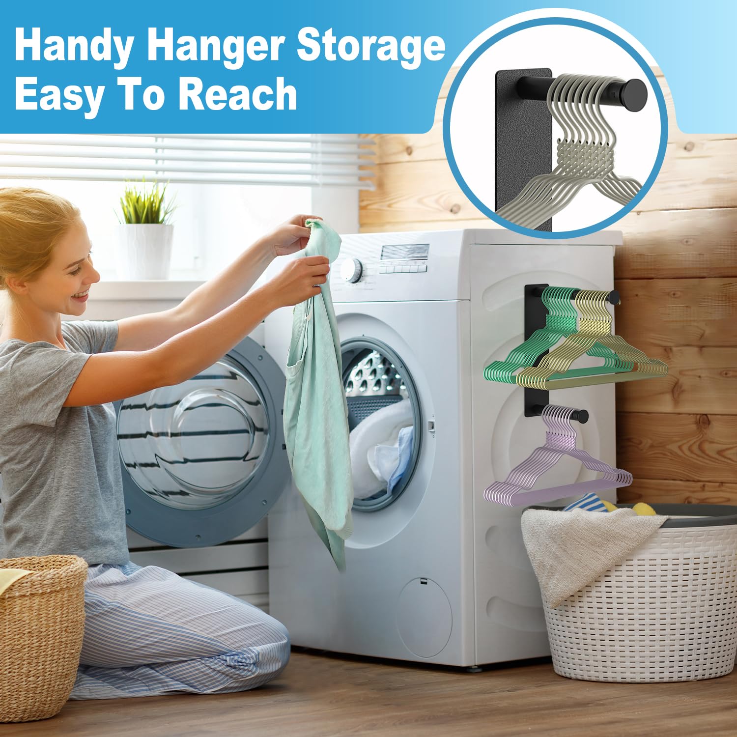 MFTEK Hanger Organizer Stacker, Magnetic Hanger Holder, Extendable Hanger Storage Rack for Washing Machine Closet Laundry Room Organization, Hanger Stand Rack for Adult Kids Velvet Hangers (Black)