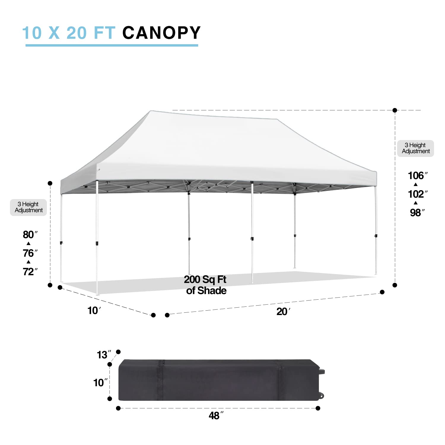 CAJECUS 10' x 20' Pop Up Canopy, Durable Easy Beach Canopy Tent, Waterproof Outdoor Canopy with 3 Adjustable Height, Roller Bag, 6 Sand Bags, 4 Ropes and 8 Stakes