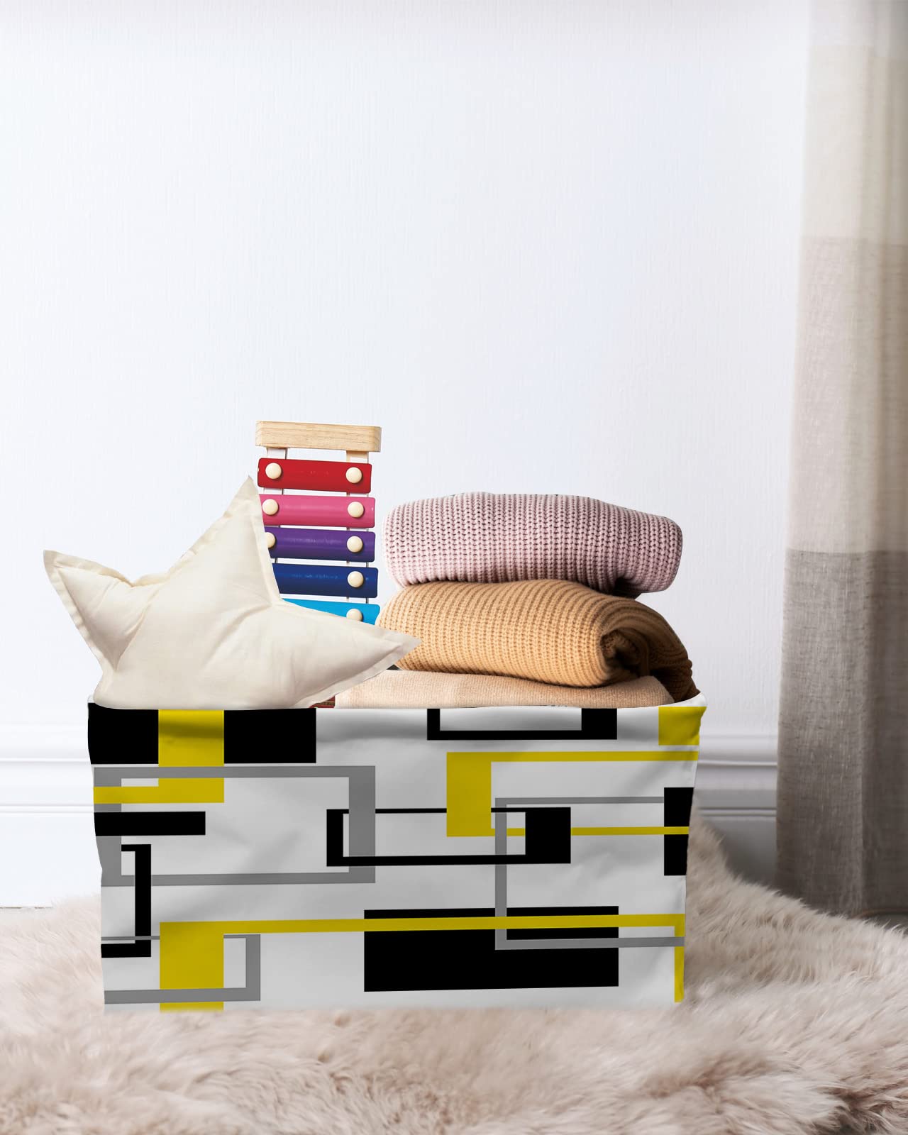 Cube Storage Bins Cloth Towel Organizer Mid Century Abstract Modern Geometric Pattern Square Yellow Black Fabric Collapsible Storage Baskets with Handles 1 Pack