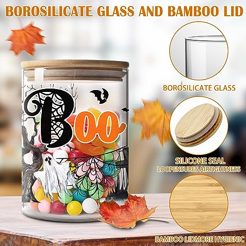 Halloween Decor 3 Pack Glass Storage Jars with Airtight Bamboo Lid - Hocus Pocus Canisters Sets for Kitchen Countertop - Clear Halloween Glass Storage Jars for Coffee Bean, Cookie, Candy, Tea, Flour