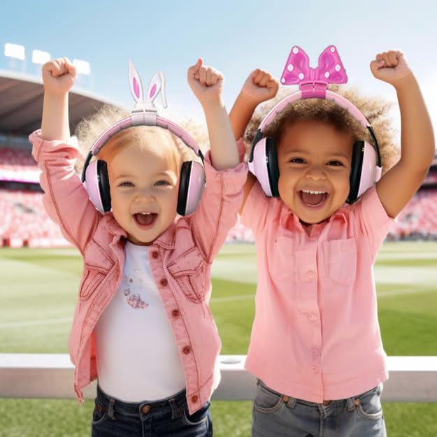 clawster Baby Kids Girls Pink Hearing Protection, Adjustable Noise Reduction 27dB Earmuffs, 3-36+ Months Funny Cute Accessory (Lace Bow)