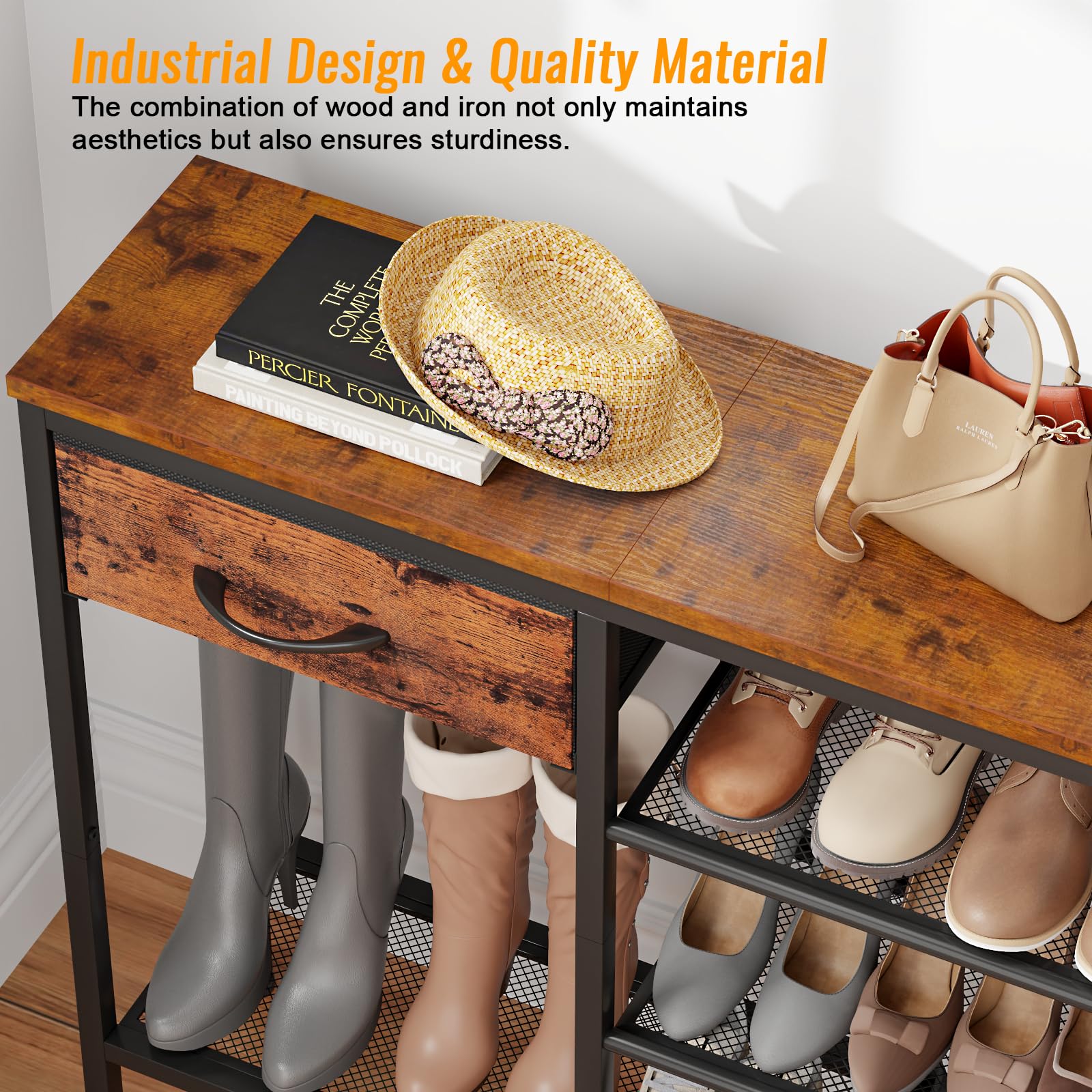 Furnulem Entryway Table Industrial 31.5" Sofa Console Table with Metal Mesh Shelf,Storage Fabric Drawer 4-Tier Shoe Rack Side Table for Front Door,Foyer-Wooden Top and Sturdy Steel Frame,Rustic Brown