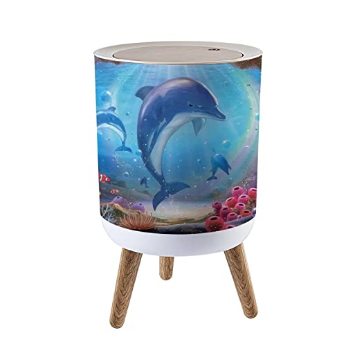 IBPNKFAZ89 Small Trash Can with Lid Pod of Lovable Dolphins Chasing one Another in Colorful Tropical Ocean Garbage Bin Wood Waste Bin Press Cover Round Wastebasket for Bathroom Bedroom Office Kitchen