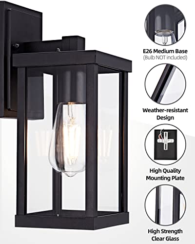 Eietonte Outdoor Wall Sconce, Exterior Wall Lantern Light Fixtures with Clear Glass Shade, Waterproof Wall Porch Lighting, Modern Anti-Rust E26 Socket Wall Mount Lamp for Garage Doorway, 2 Pack
