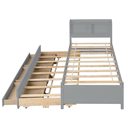 Harper & Bright Designs Twin Bed with Twin Size Trundle and Drawers, Solid Wood Platform Bed Frame with Bookcase Headboard for Kids Teens Adults (Twin Size, Gray)