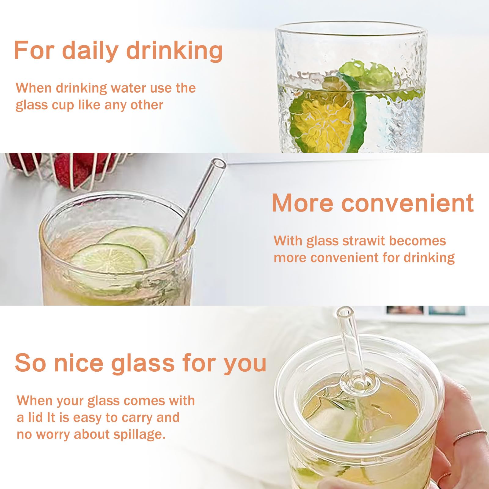 GOSCHE Glass Cups with Straws and Lids 2Pcs, 20oz Glass Cups Drinking Jar, Clear Iced Coffee Cups, Vintage Ripple Glassware for Water Coffee Tea, Clear