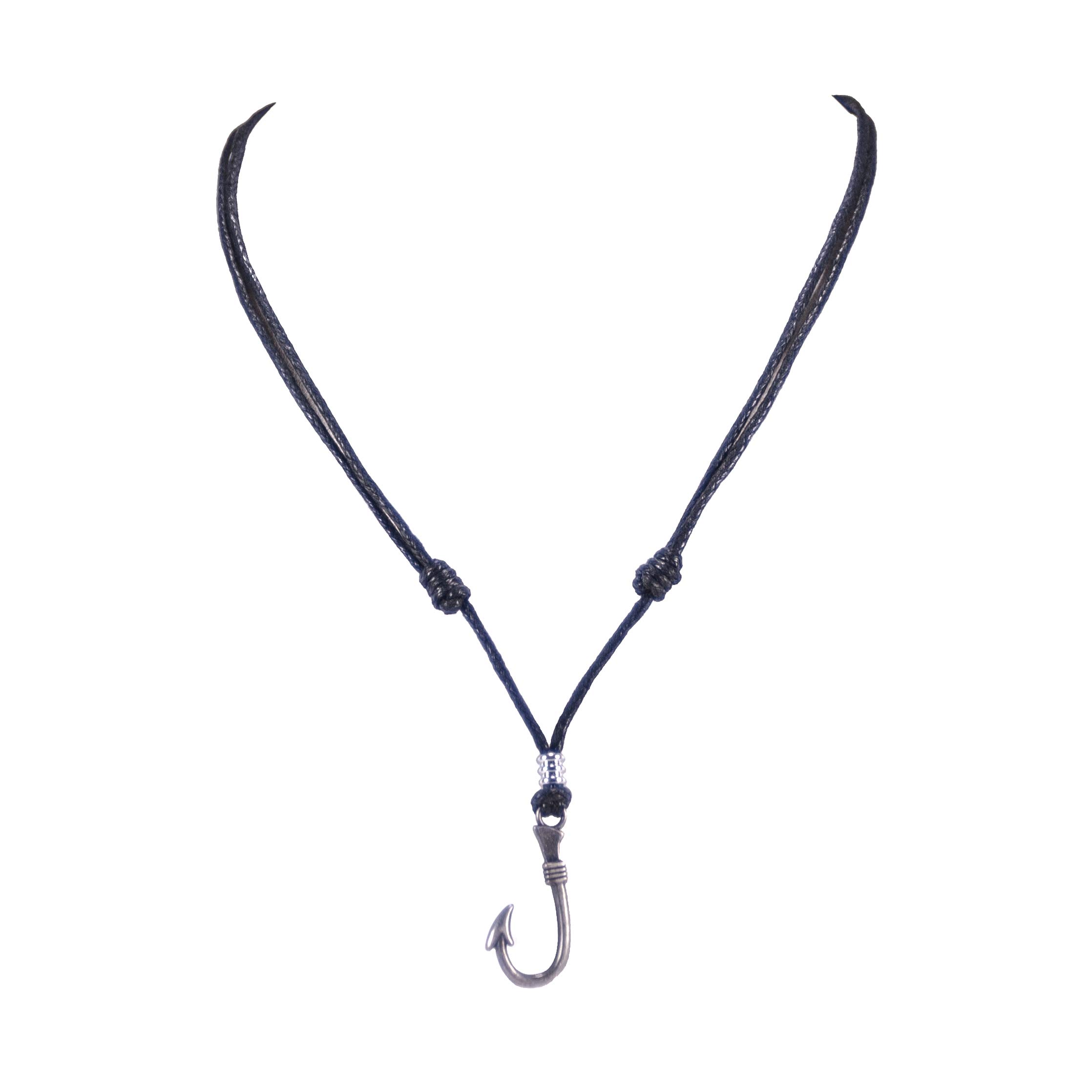 BlueRica Fish Hook on Adjustable Black Cord Necklace (Old Silver Finish)