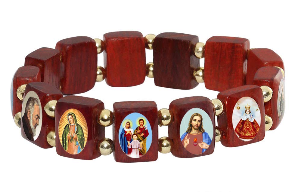 Catholica Shop Catholic Religious Wooden Stretch Devotional Bracelets with Assorted Color Images of Saints, Jesus, and Mary. Made in Brazil