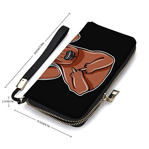 Dachshund Middle Finger Gesture Women's Long RFID Hand Wallet Wristlet Clutch Purse PU Leather Handbag with Wrist Strap