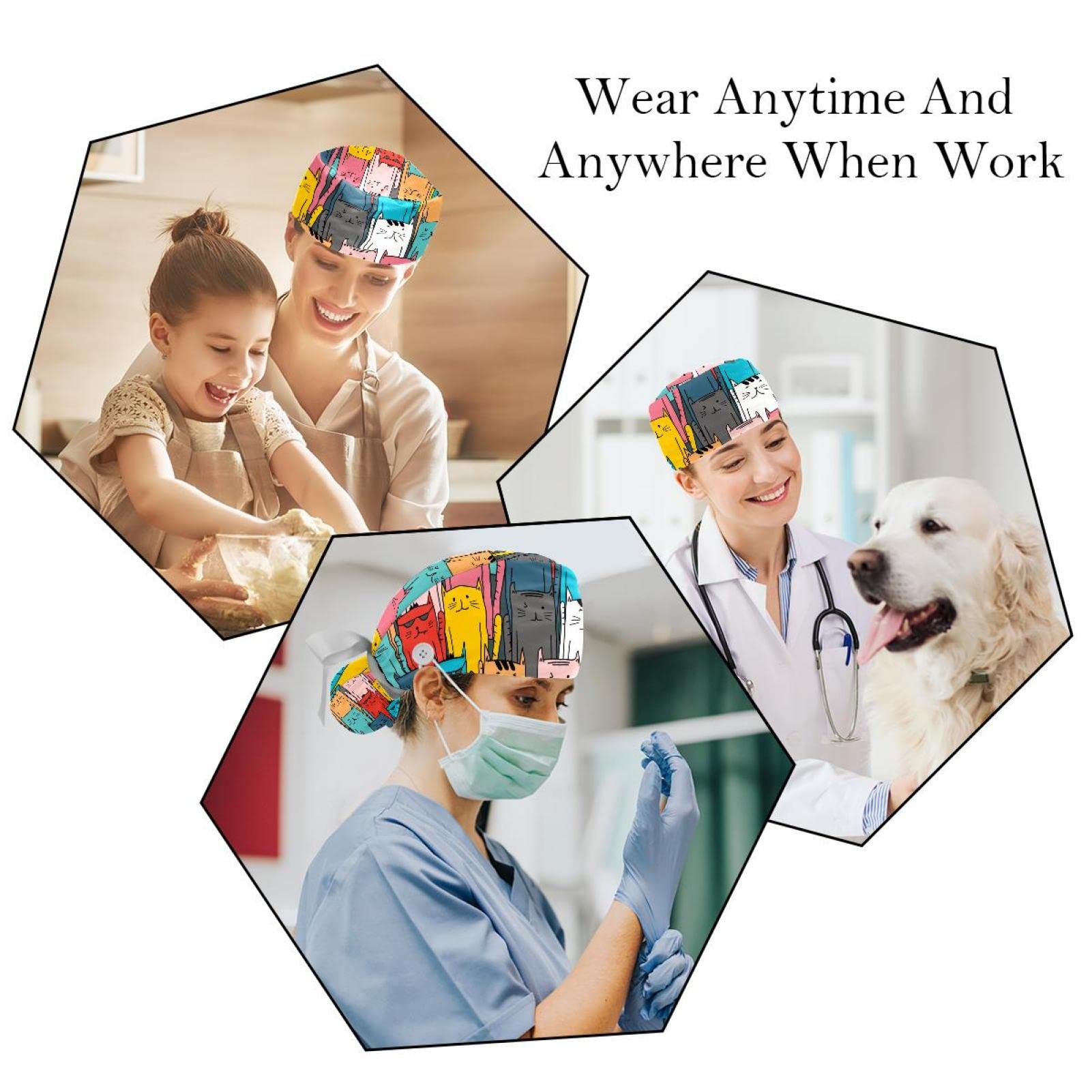 Cute Colorful Cartoon Cat Heads Pattern Working Caps with Buttons, Long Hair Scrub Hats Ponytail Holder for Women