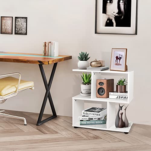 Giantex 3-Tier Geometric Bookshelf, 24ββ Tall Wood S-Shaped Display Shelves with Thick Foot Pads, Freestanding Open Shelves Nightstand, Floor Standing Display Shelf Bookcase