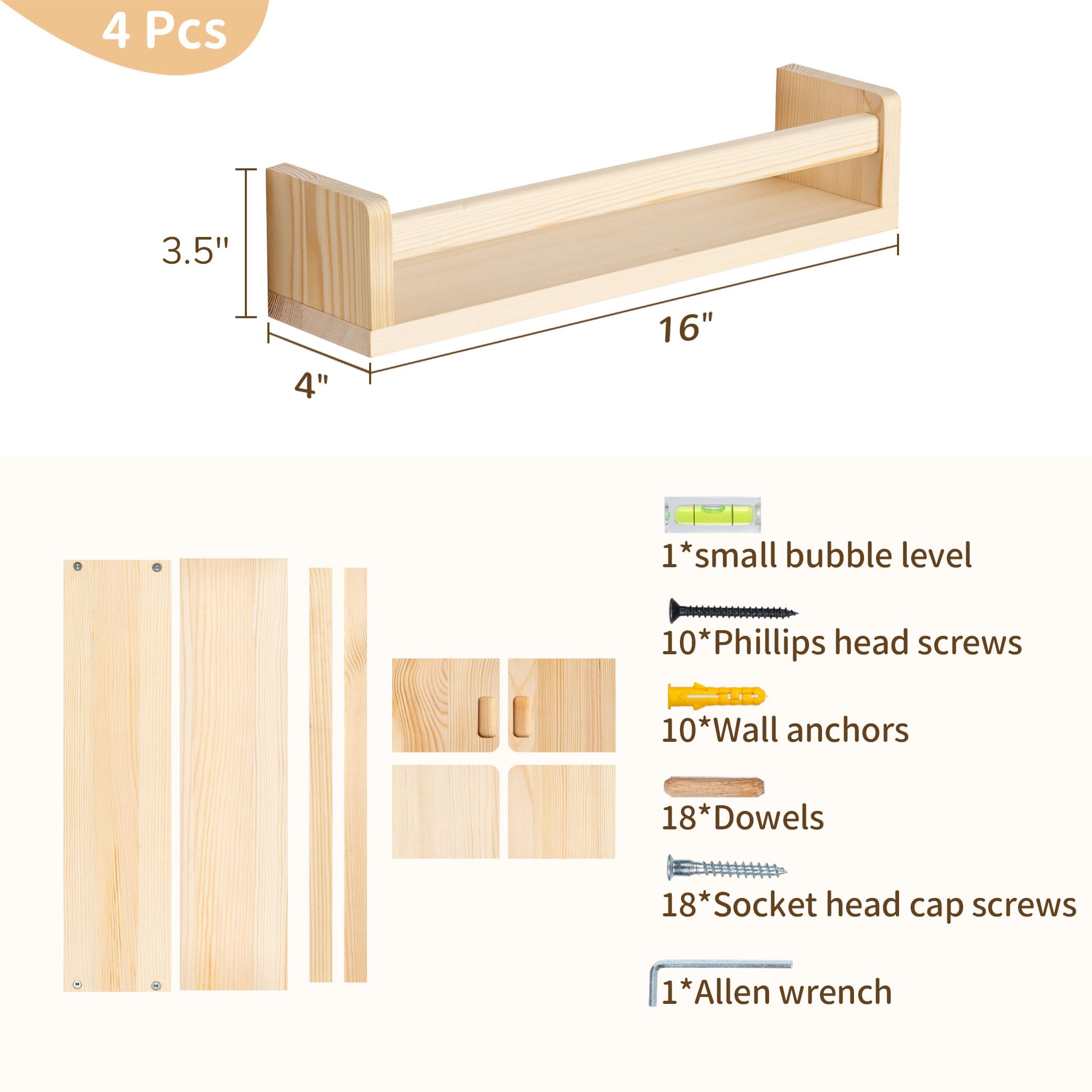 Fun Memories Nursery Book Shelves - Rustic Natural Solid Wood Floating Bookshelf for Kids - Wall Book Shelves for Kids Room (Natural, 16inch - 4P)