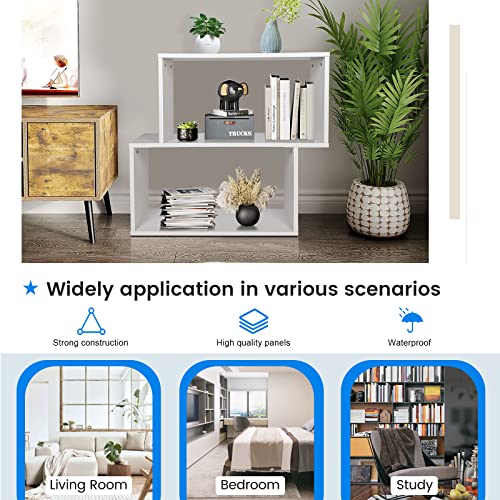 Giantex 3-Tier Geometric Bookshelf White, 28’’ Tall Wood S-Shaped Display Shelves, Freestanding Open Shelves Nightstand, Floor Standing Display Shelf Bookcase for Living Room, Bedroom