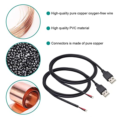 USB 2.0 Male Bare Cable Pigtail Open End Extension Cables 5V 3A Power Charge Wires DIY Connector Replacement Cable Cord 18AWG -2pcs (1M)