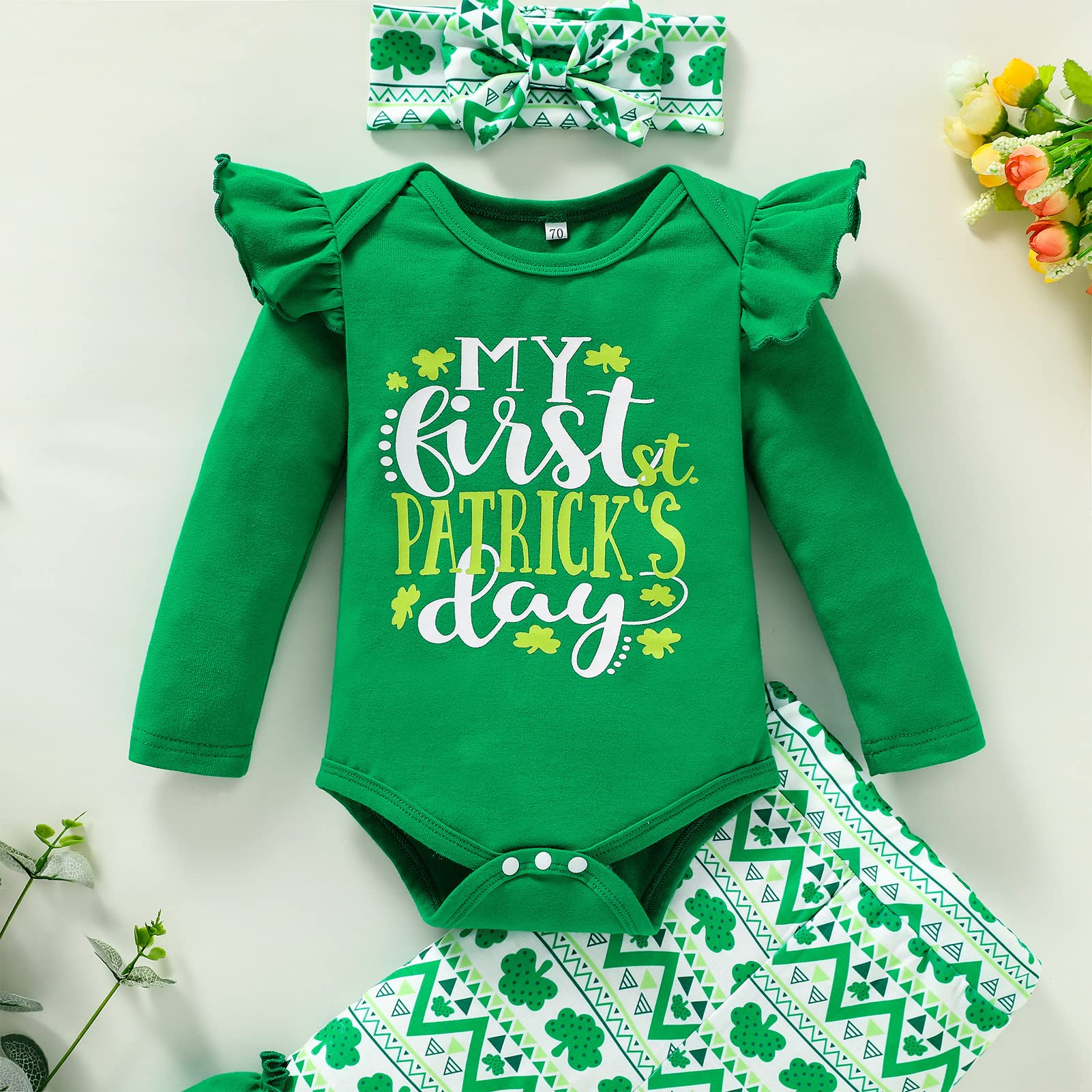 GRNSHTS Baby Girl My First St.Patrick's Day Clothes Long Sleeve Ruffle Romper Bell-Bottomed Pants Headband 3Pcs Clover Print Outfits(Green-C,0-3M