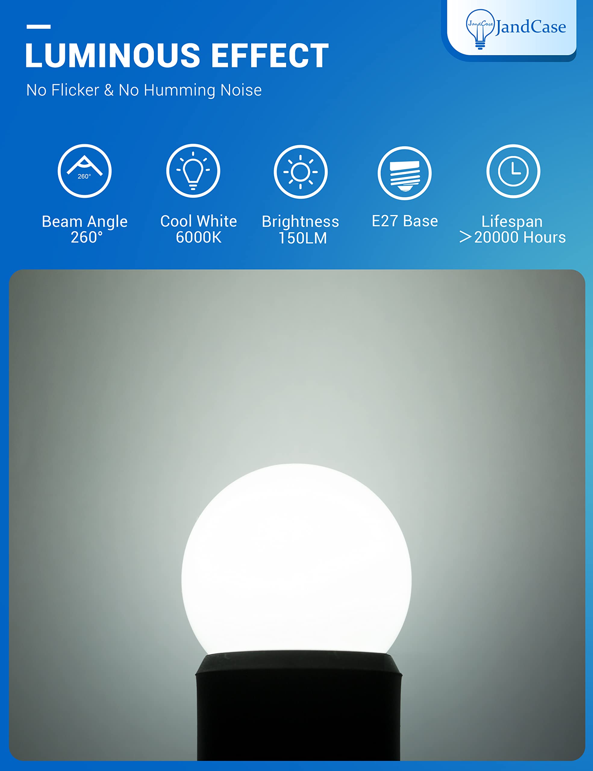 JandCase G40 Light Bulbs Replacement, Low Watt Light Bulbs, 15 Watt Light Bulbs Equivalent E26 Base, Non-dim, 1W 6000K LED Small Light Bulbs for Bathroom Vanity Porch Outdoor String Light Bulbs,6 Pack