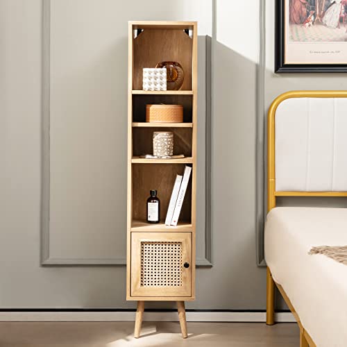 Giantex 54" Tall 4-Tier Bookcase with Door, Freestanding Slim Narrow Book Cabinet with Adjustable Shelf, Vertical Bookshelf with Leg, Open Shelving Display Rack, Boho Wooden 4-Cube Storage Organizer