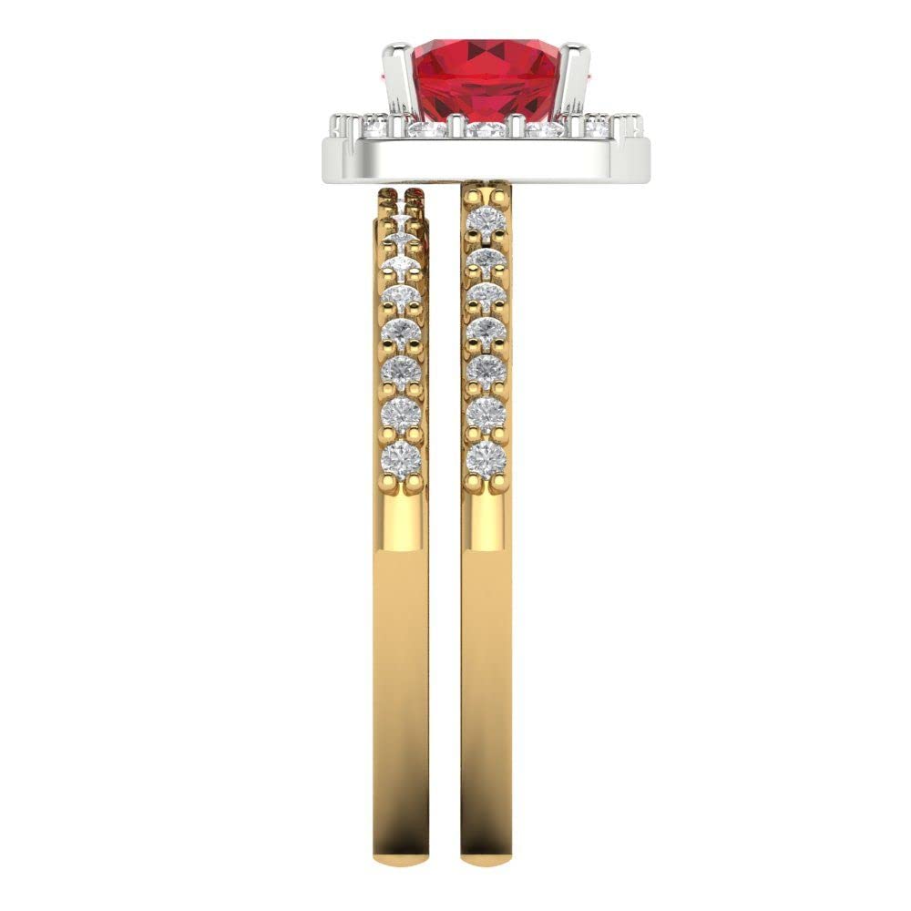 Clara Pucci 2.25ct Round Cut Laser Engraving Halo Pave Halo Ruby Engagement Bridal Wedding Ring Band set 18K Yellow White Gold Size 4.25
