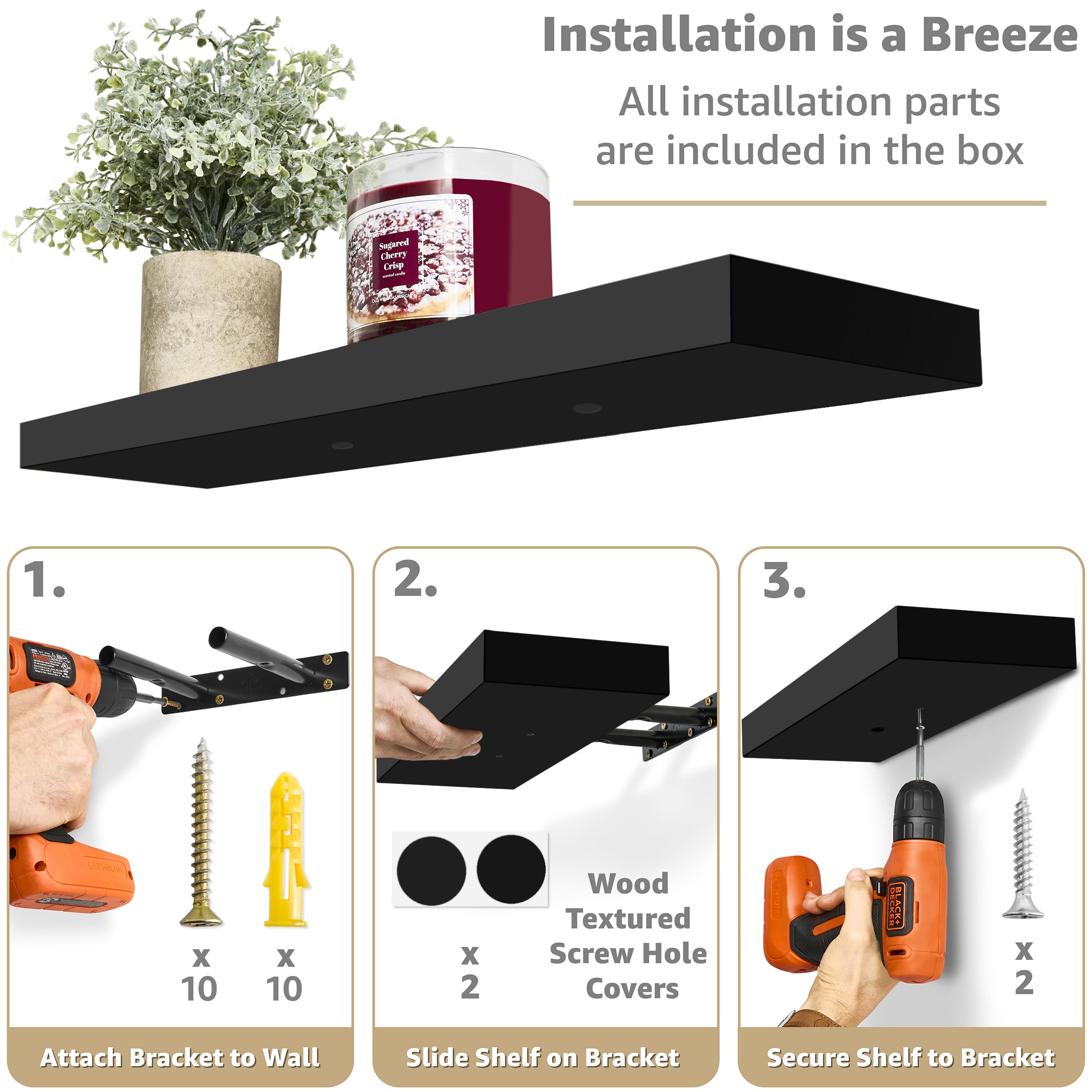 Sorbus Floating Shelves, Wall Shelves for Bedroom, Kitchen, Living Room, Bathroom Shelves Over The Toilet, Home Decor, Farmhouse, 24 x 9 Inch Wall Mounted Floating Shelves for Wall, 2 Pack, Black