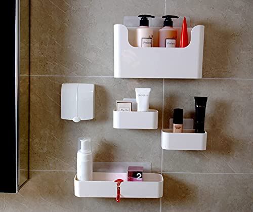 LADYBEE7LES Wall Floating Shelves White 4pcs Set, Self Adhesive Wall Shelf/Bathroom Makeup Wall Organizer/Wall décor/No Drill Plastic Storage Bins, Multi-Sizes, Stickers Included