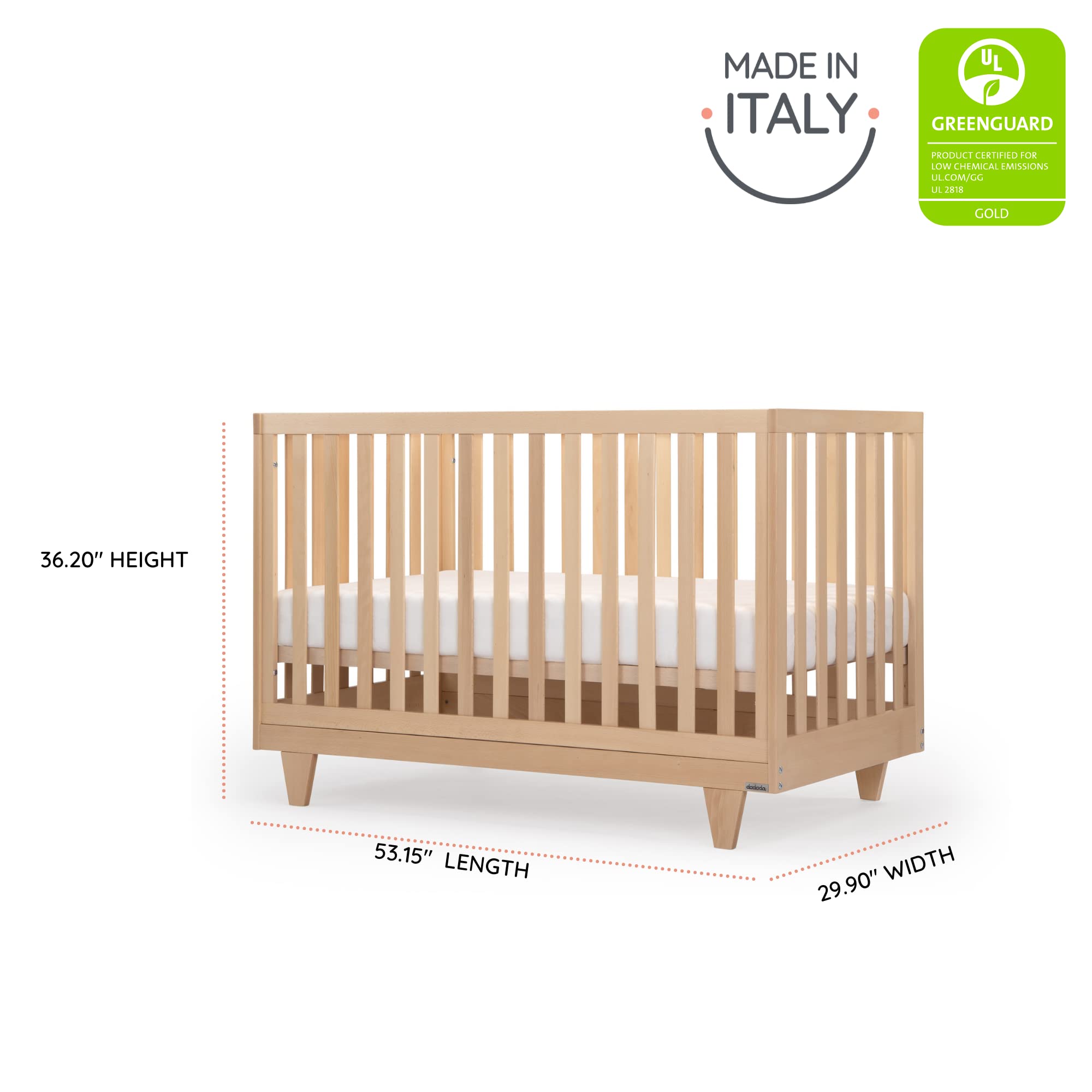 dadada Baby’s 3-in-1 Cambridge Convertible Crib with Toddler Bed Rail - Newborn Essentials Baby Bed Fits Standard Crib Mattress - Adjustable Bed Base (Natural)