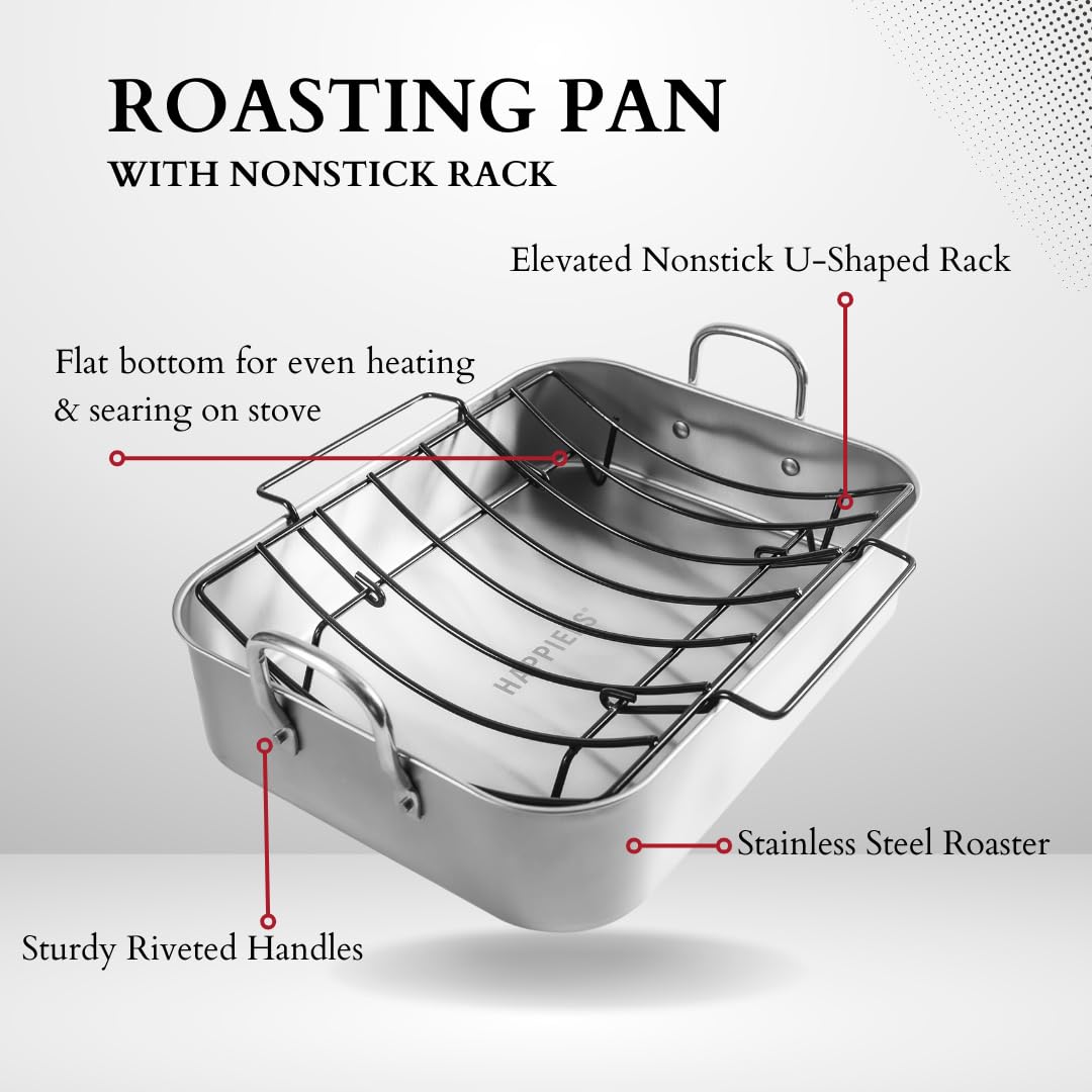 HAPPIELS 17x12.5 inch Roasting Pan with Nonstick Rack, Stainless Steel Turkey Roasting Pan 20-25 lb