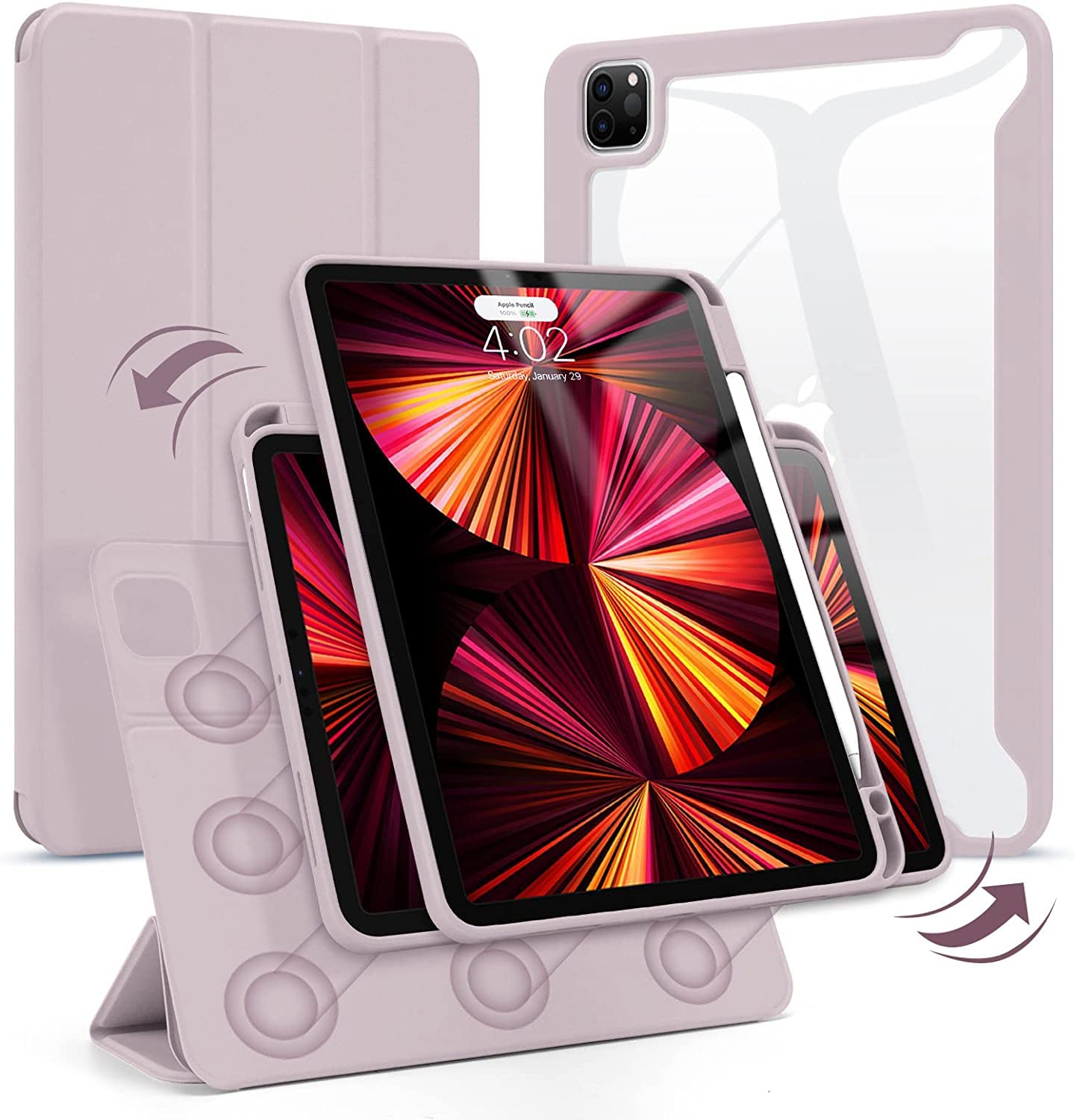 iPad Pro 11 Inch Case 2022/2021/2020(4th/3th/2rd Gen) with Pencil Holder Detachable Transparent Hard Shell Back Cover Smart Trifold Folio Auto Sleep/Wake (Light Purple/Pink)