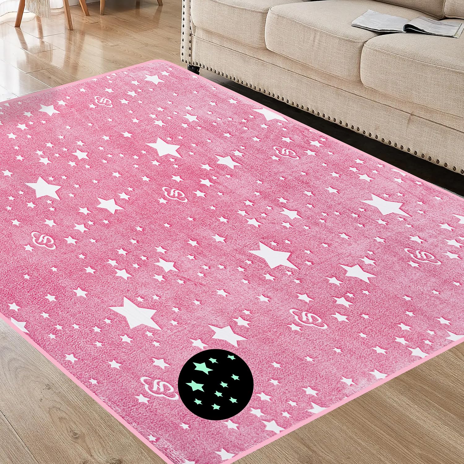 Large Area Rug Carpet Glowing in The Dark Pink Star 5'x4' for Children Room Decor Funny for Babyroom and Living Room Rectangular Mat for Kids Bedroom