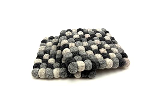 Handmade Trivet, Felt Ball Trivet, Potholders, Trivets, 100% Wool, Felt, Hot Pot Holders (Set of 2) Hot Pads, Flexible, Durable, Heat Resistant Mat, Mats, Square Trivet (Multi Gray, Square)
