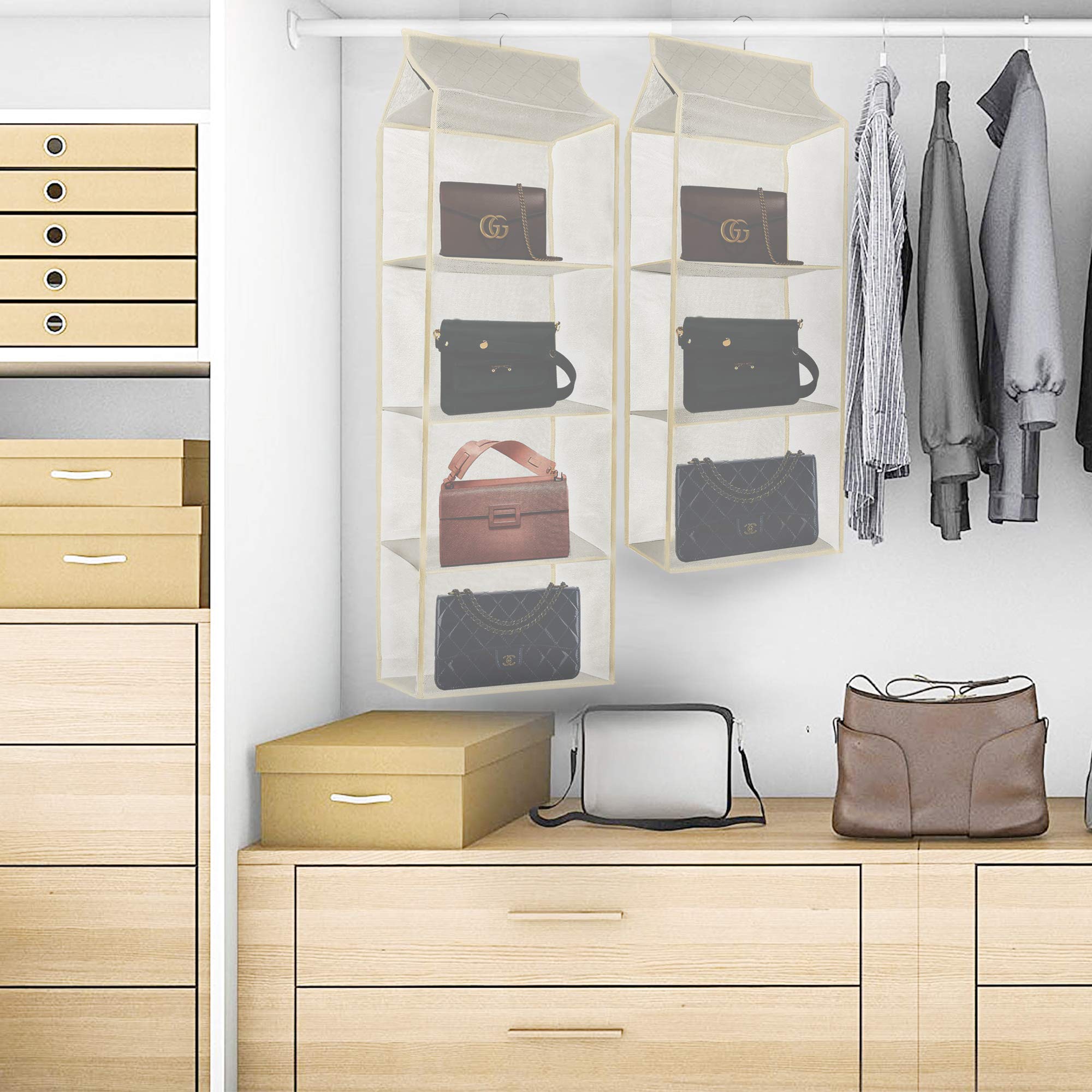 souG 2 Pack Hanging Handbag Purse Organizer for Closet, Purse Bag Storage Holder for Wardrobe Close with 1pcs 4 Shelves Space and 1pcs 3 Shelves Space Saving Purse Organizers System (Beige)
