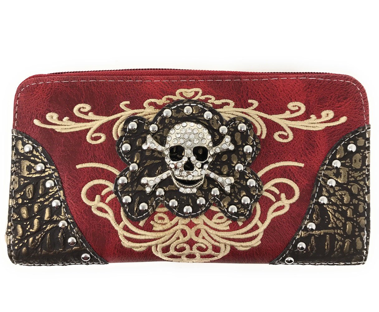 Texas West Women's Embroidered Metal Skull Purse Handbag and Wallet set in 7 colors (Red Wallet)