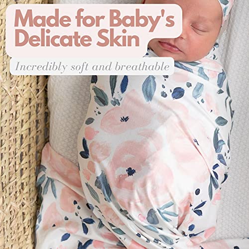 Vollmic Newborn Baby Girl Receiving Blanket Swaddle Blanket Stretchy Knit Swaddle Set with Matching Headband (Ink Pink)