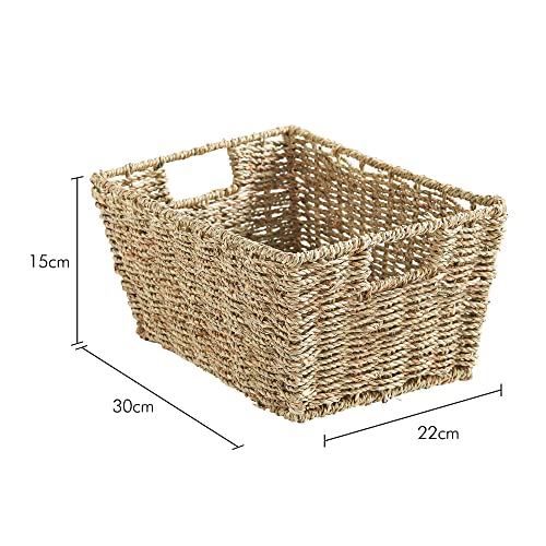 VonHaus Set of 4 Seagrass Storage Baskets with Insert Handles Ideal for Home and Bathroom Organization - 12(L) x 9(W) x 6(H) inches