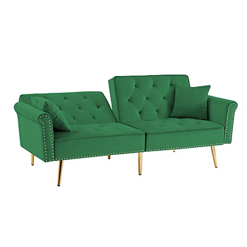 Utrend 76.7" Velvet Futon Tufted Sofa Bed,Convertible Sofa Bed with Metal Legs, couches for Apartment Office Bed Room Living Small Splitback Sofa